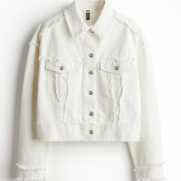 H&M | Jackets & Coats | Hm White Frayed Denim Jacket | Poshmark